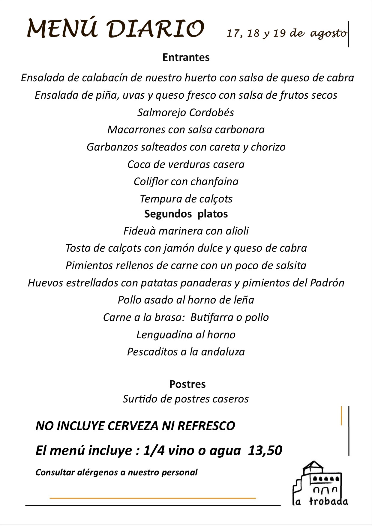 Menú diario – Restaurant La Trobada