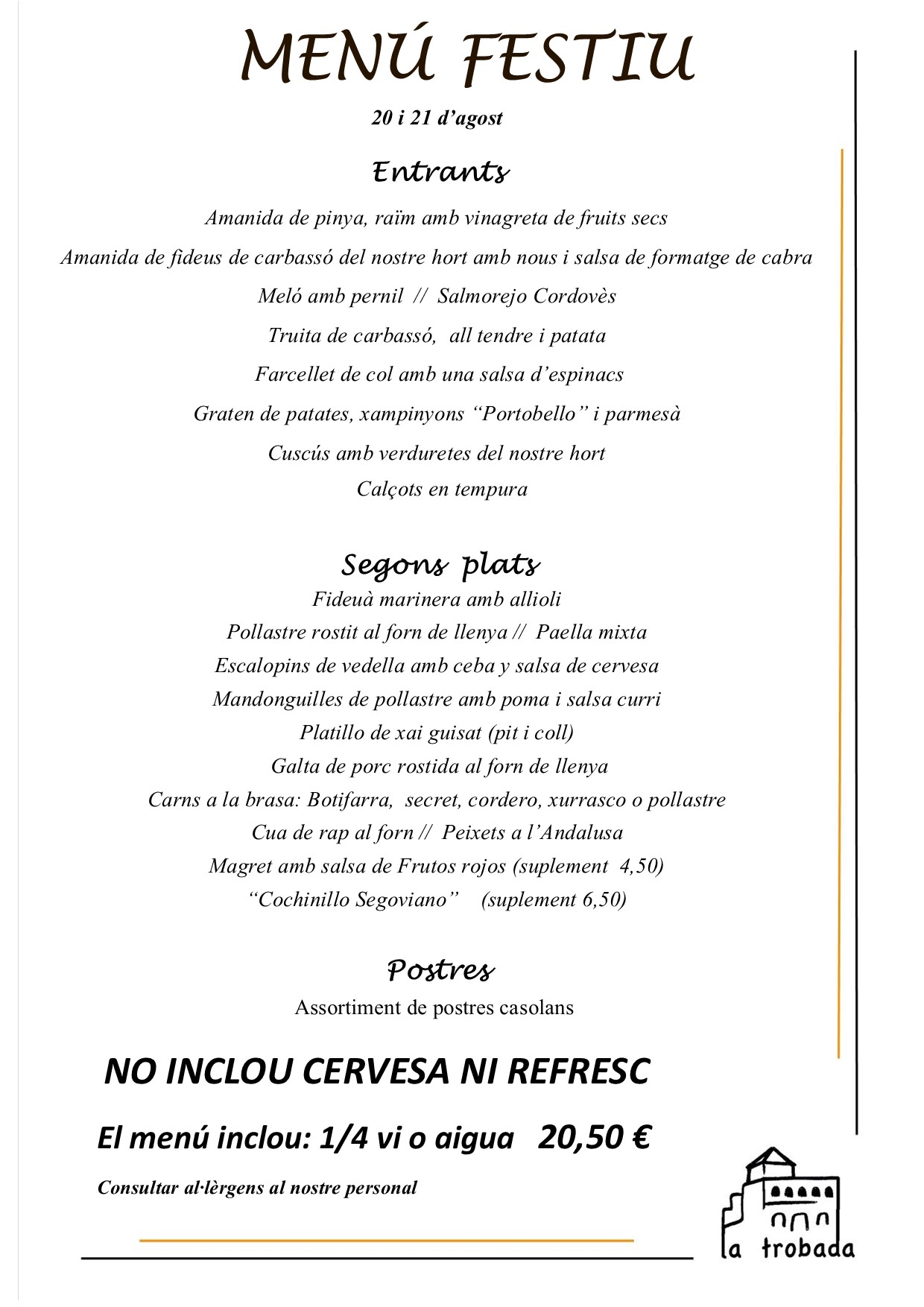 Menú fin de semana – Restaurant La Trobada