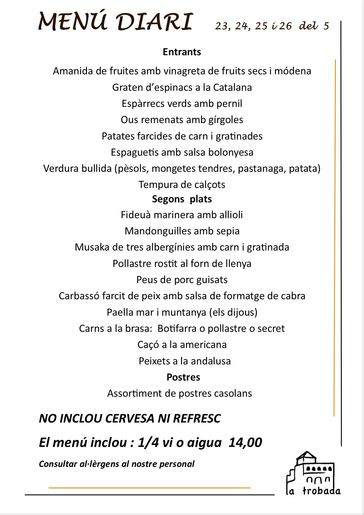 Menú diario – Restaurant La Trobada