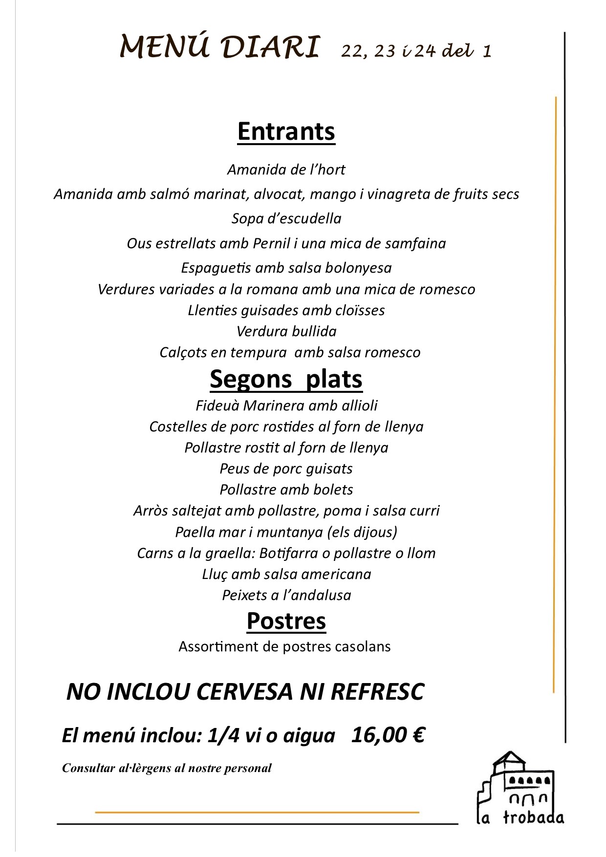Menú diario – Restaurant La Trobada